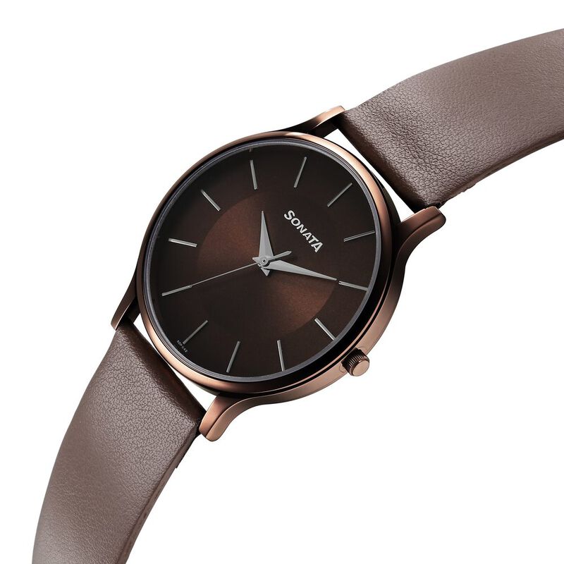 Buy Online Sonata Aspire Quartz Analog Brown Dial Leather Strap Watch ...