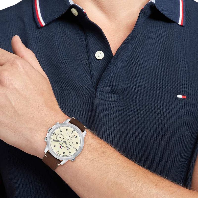 Buy Online Tommy Hilfiger Quartz Multifunction Yellow Leather Strap for ...