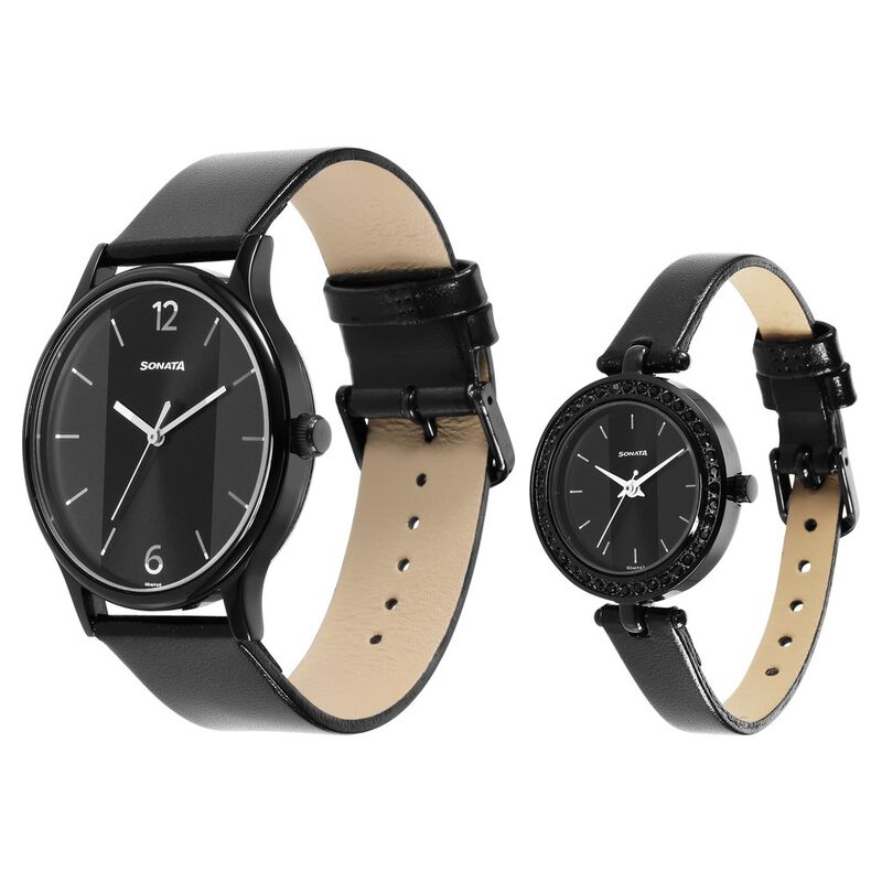 Buy Online Sonata Quartz Analog Black Dial Leather Strap Watch for ...