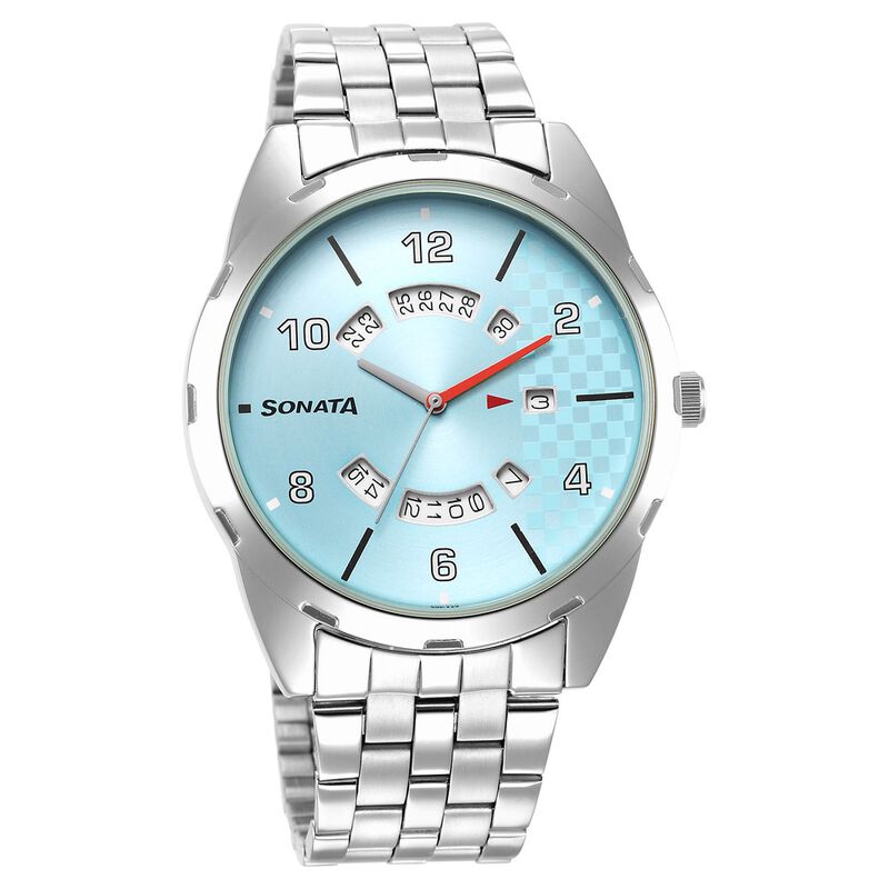 Buy Online Sonata RPM Analog with Date Blue Dial Stainless Steel Strap ...
