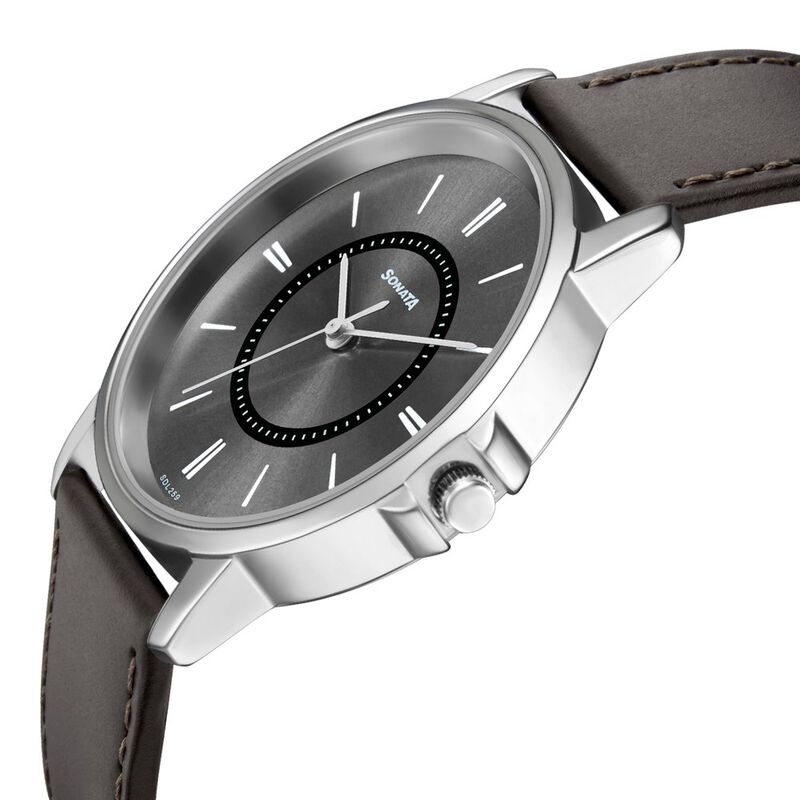 Buy Online Sonata Quartz Analog Grey Dial Leather Strap Watch for Men ...