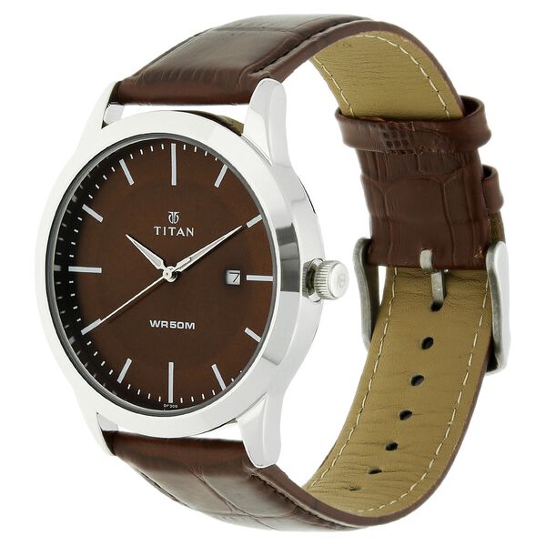 Buy Online Titan Quartz Analog with Date Brown Dial Leather Strap Watch ...