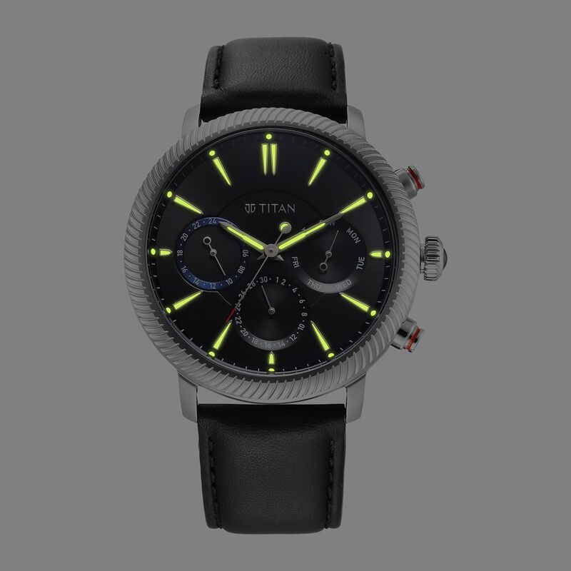 Buy Online Titan Stellar Quartz Multifunction Black Dial Leather Strap ...