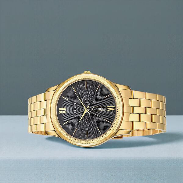 Buy Online Titan Quartz Analog with Day and Date Black Dial Metal Strap ...