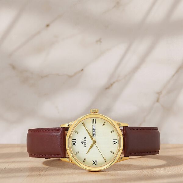 Buy Online Titan Champagne Dial Analog with Day and Date Leather Strap ...