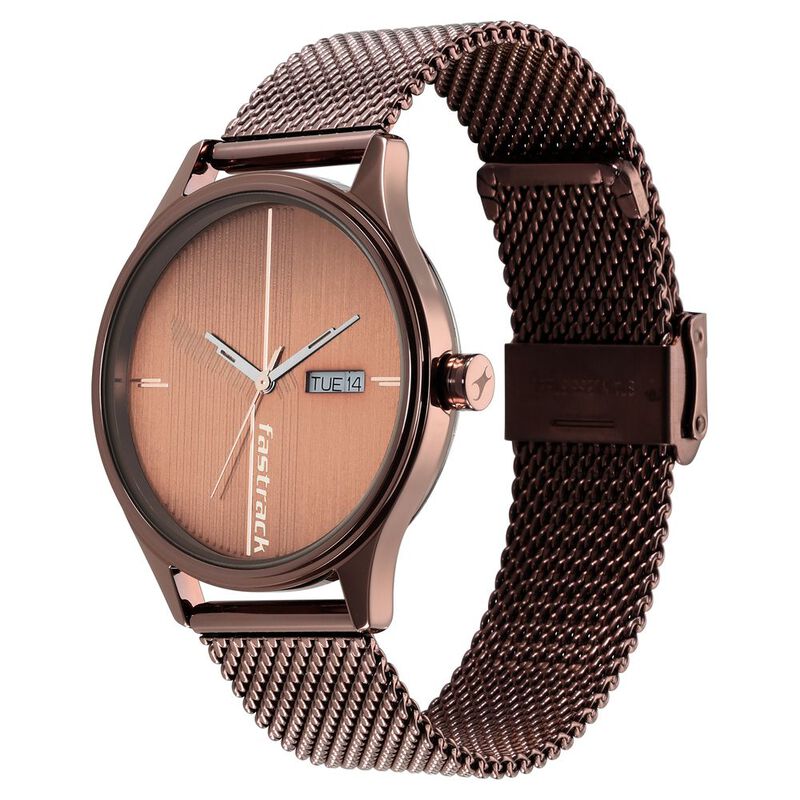 Buy Online Fastrack Style Up Quartz Analog with Day and Date Brown Dial Stainless Steel Strap ...