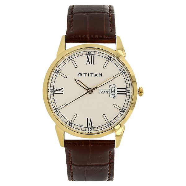 Buy Online Titan Analog Silver Dial Day Date Leather Strap Watch for ...