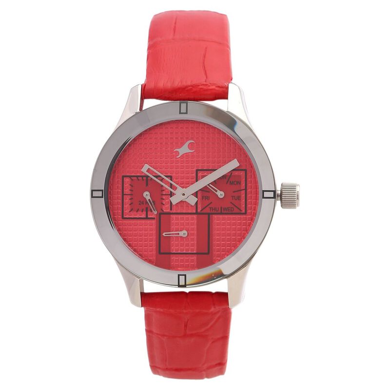 Buy Online Fastrack Quartz Multifunction Red Dial Leather Strap Watch ...