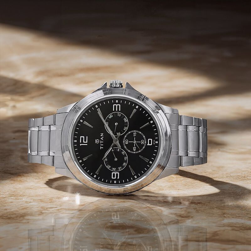 Buy Online Titan Quartz Multifunction Black Dial Stainless Steel Strap ...