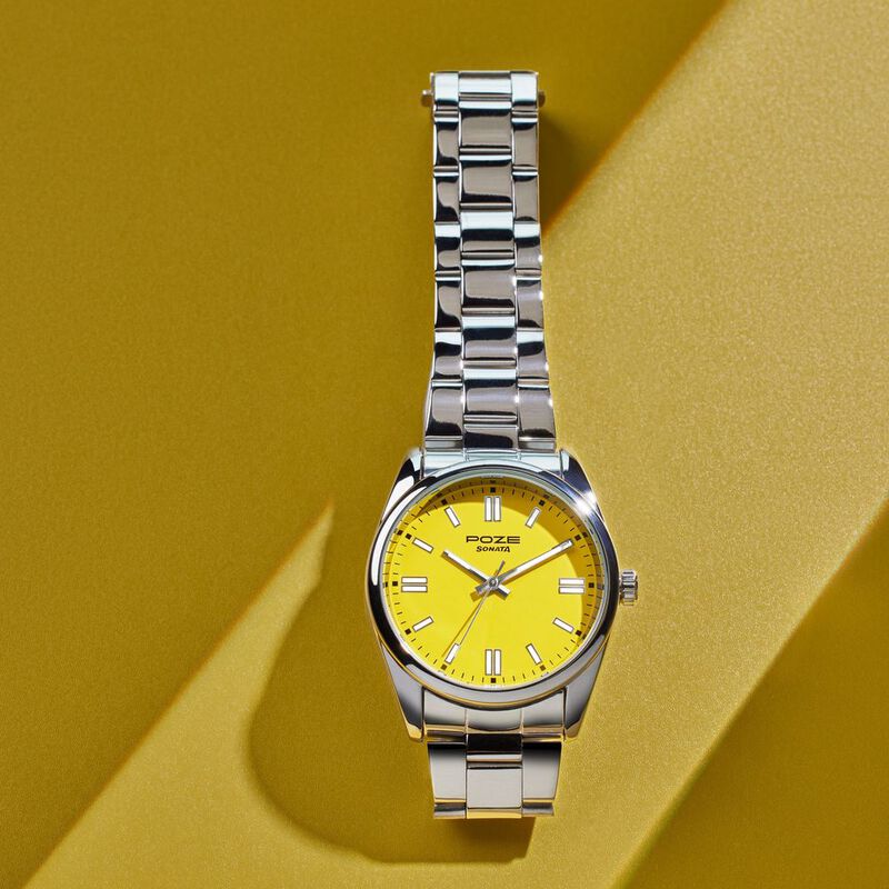 Buy Online Sonata Poze Quartz Analog Yellow Dial Silver Metal Strap ...