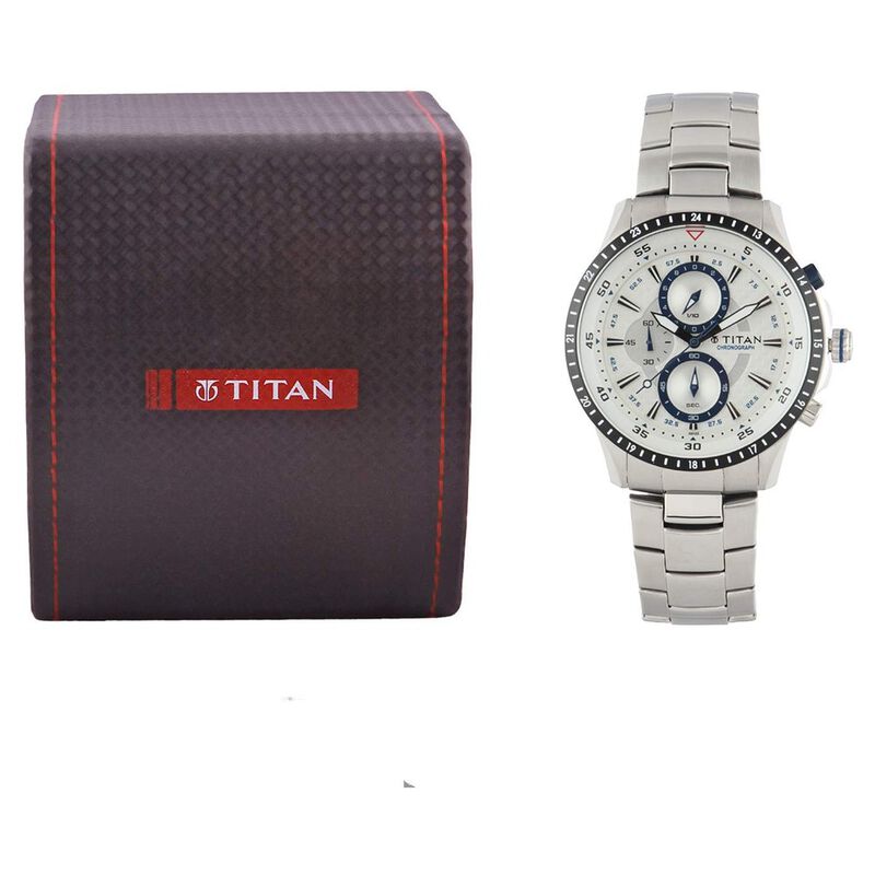 Buy Online Titan Chronograph White Dial Quartz Metal Strap watch for Men - 9496km02 | Titan