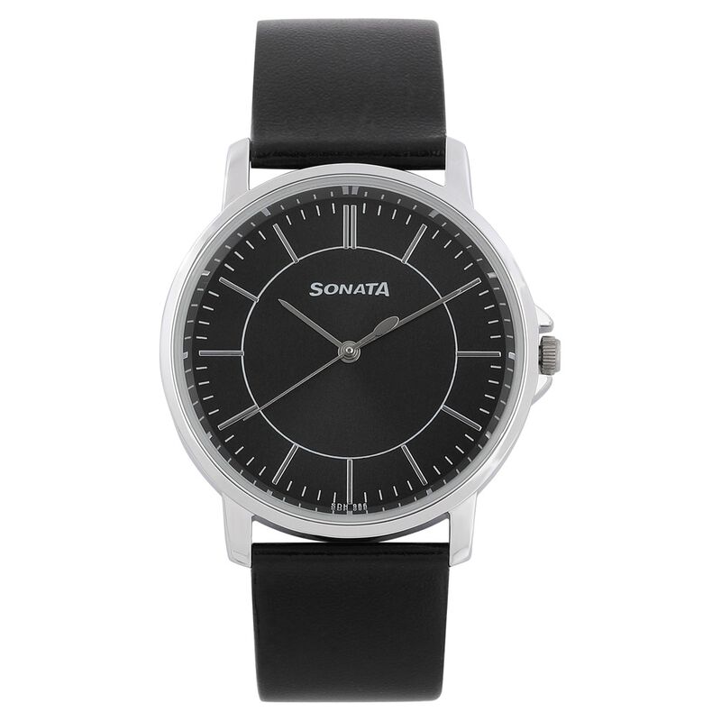 Buy Online Sonata Quartz Analog Black Dial Leather Strap Watch for Men ...