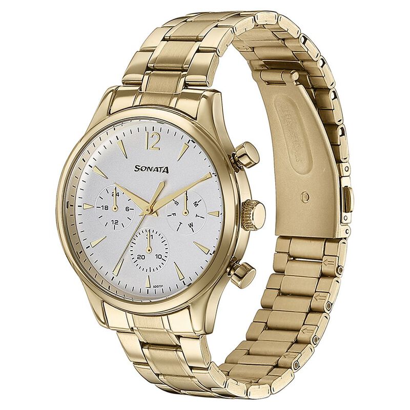 Buy Online Sonata Quartz Multifunction White Dial Golden Stainless ...