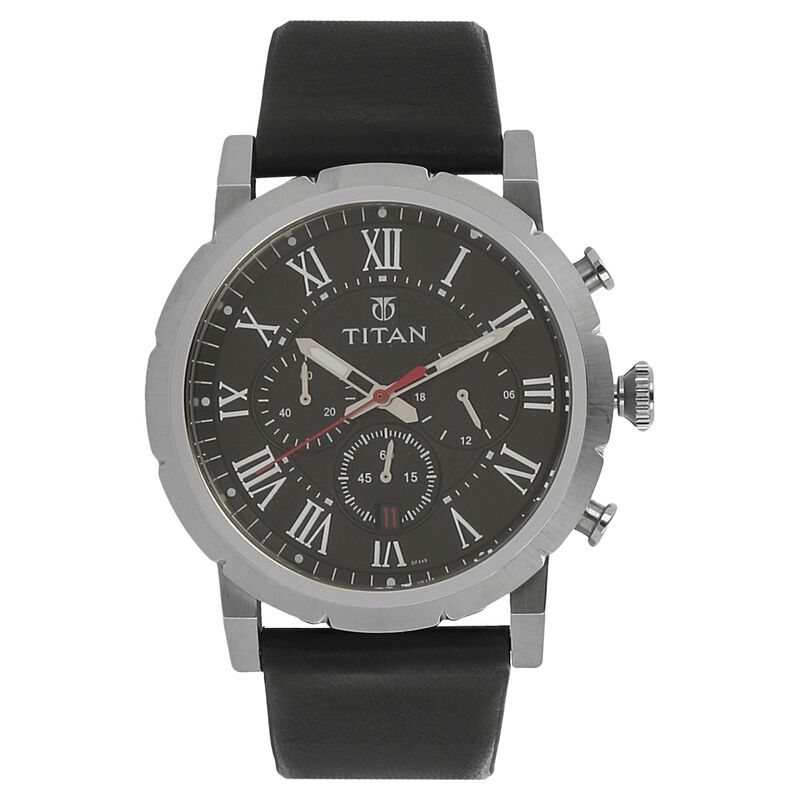Buy Online Titan Quartz Analog with Date Black Dial Leather Strap Watch ...