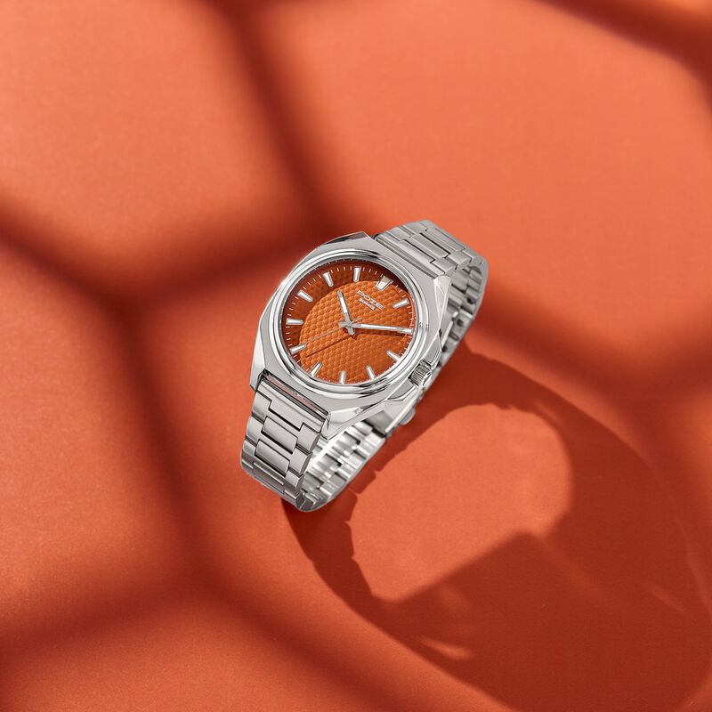 Buy Online Poze By Sonata Quartz Analog Orange Dial Silver Metal Strap ...