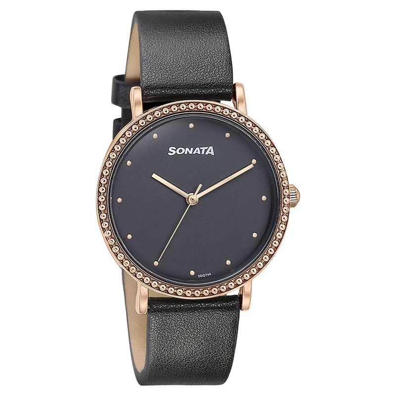 Buy Online Sonata Quartz Analog Black Dial Black Leather Strap Watch ...