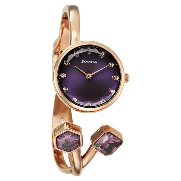 Buy Online Sonata Aura Quartz Analog Purple Dial Rose Gold Stainless ...
