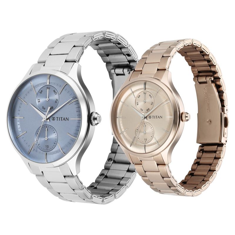 Buy Online Titan Quartz Analog Blue and Champagne Dial Stainless Steel ...
