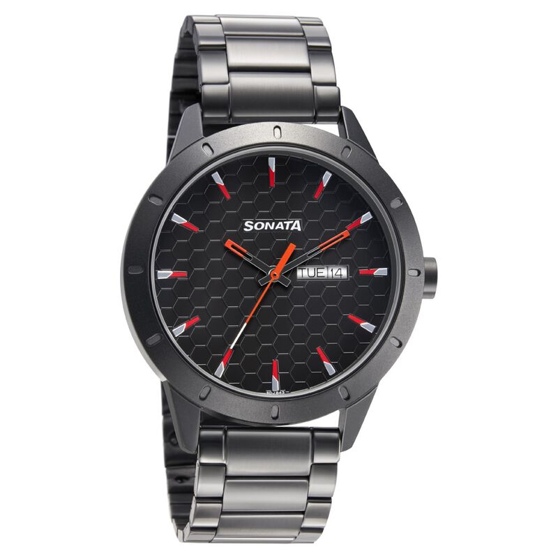 Buy Online Sonata Quartz Analog with Day and Date Black Dial Metal ...
