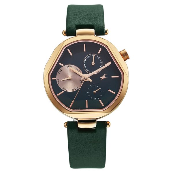 Buy Online Fastrack Tick Tock Quartz Multifunction Green Dial Leather ...