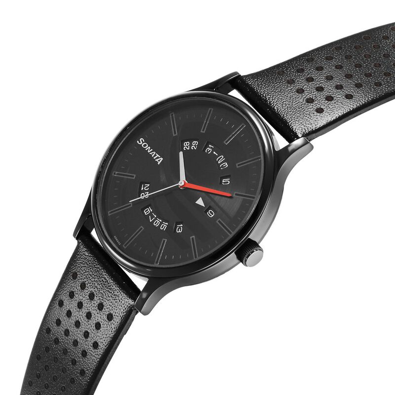 Buy Online Sonata RPM Black Dial Leather Strap Watch for Men ...