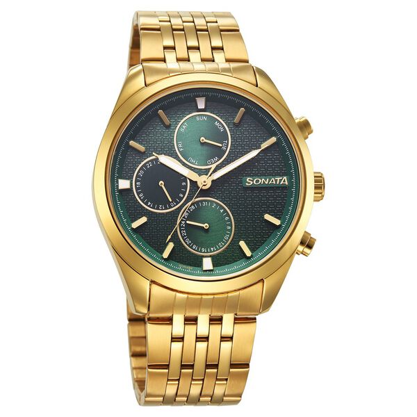 Buy Online Sonata Magna Quartz Multifunction Green Dial Golden ...