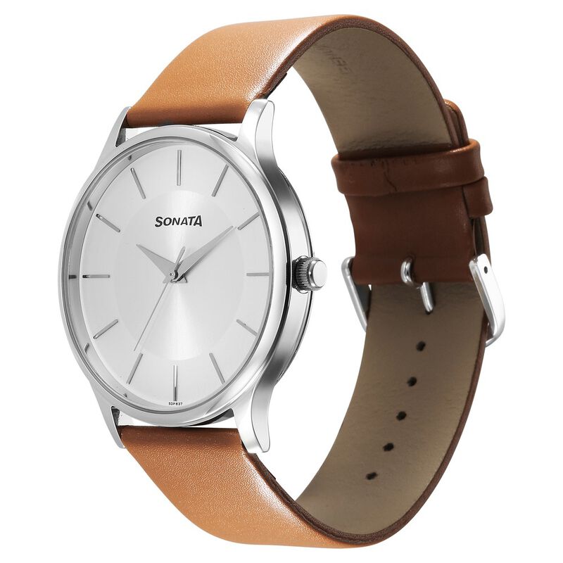 Buy Online Sonata Aspire Quartz Analog Silver Dial Leather Strap Watch ...