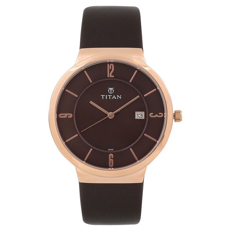 Buy Online Titan Quartz Analog with Date Brown Dial Leather Strap Watch ...
