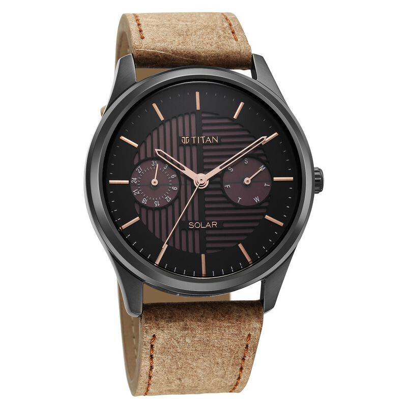 Buy Online Titan Solar Black Dial Quartz Multifunction Leather Strap ...