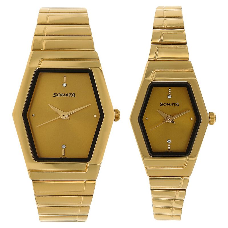 Buy Online Sonata Quartz Analog Golden Dial Stainless Steel Strap Watch ...