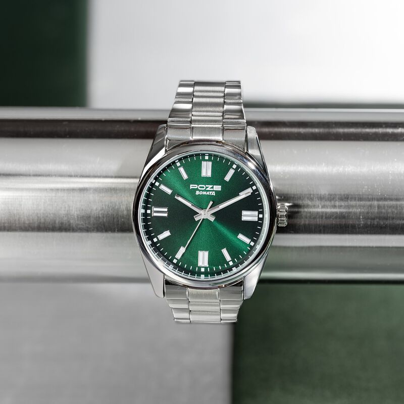 Buy Online Sonata Poze Quartz Analog Green Dial Silver Stainless Steel ...