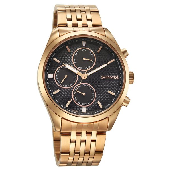 Buy Online Sonata Magna Quartz Multifunction Black Dial Rose Gold ...