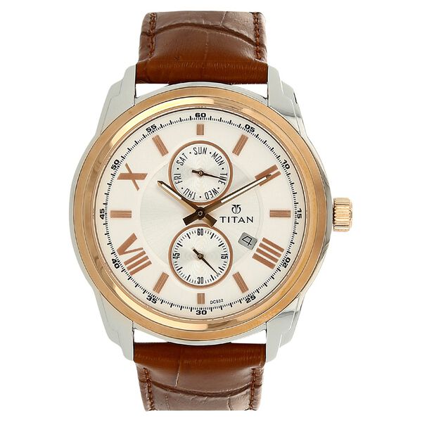 Buy Online Titan Quartz Analog with Date Silver Dial Leather Strap ...