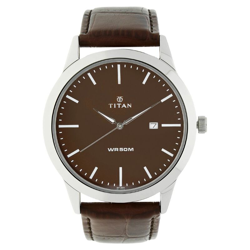 Buy Online Titan Quartz Analog with Date Brown Dial Leather Strap Watch ...