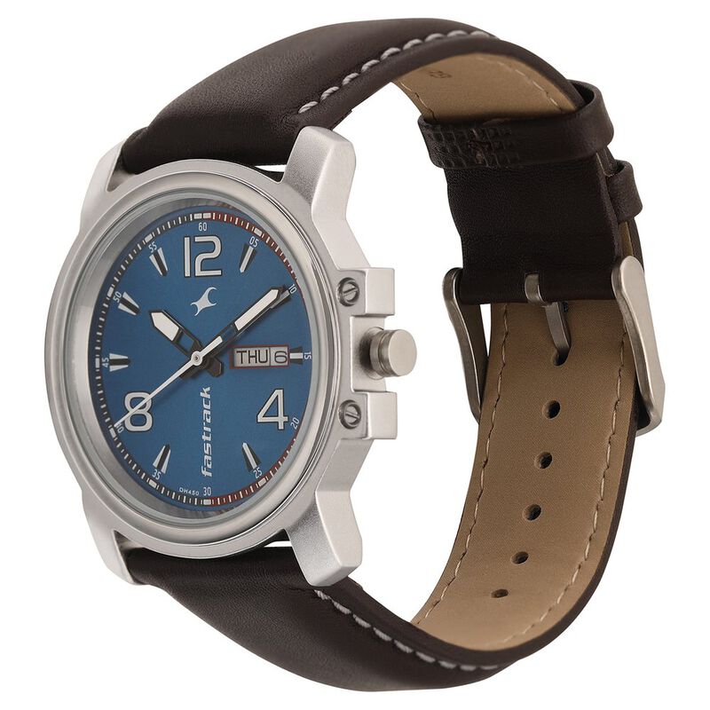 Buy Online Fastrack Quartz Analog with Day and Date Blue Dial Leather Strap Watch for Guys ...