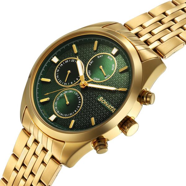 Buy Online Sonata Magna Quartz Multifunction Green Dial Golden ...