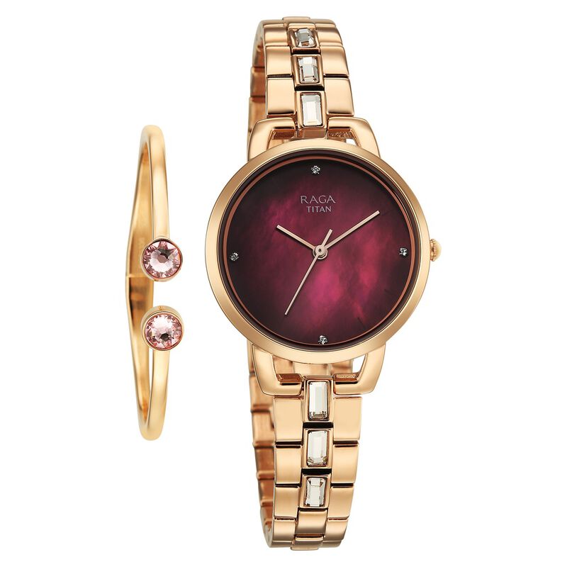 Buy Online Titan Raga Glimmers Quartz Analog Red Mother of Pearl Dial Rose Gold Metal Strap ...