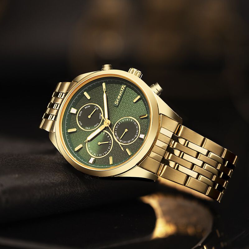 Buy Online Sonata Magna Quartz Multifunction Green Dial Golden ...