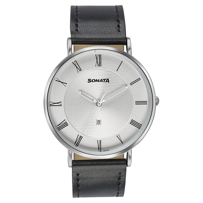 Buy Online Sonata Quartz Analog with Date Silver Dial Black Leather ...