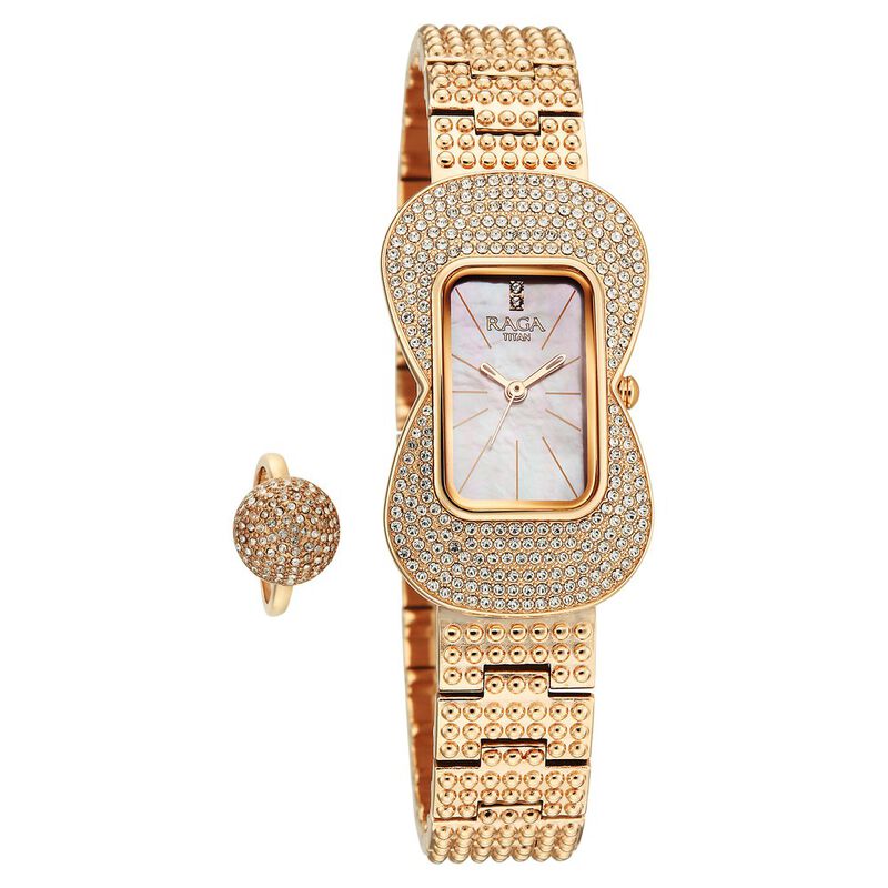 Buy Online Titan Raga Glimmers Quartz Analog Pink Mother Of Pearl Dial Rose Gold Metal Strap ...
