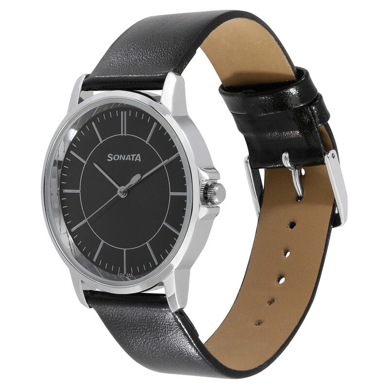 Buy Online Sonata Quartz Analog Black Dial Leather Strap Watch for Men ...