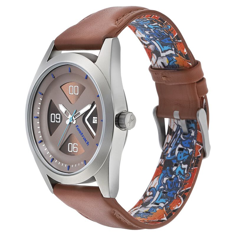 Buy Online Fastrack Go Skate Quartz Analog with Date Brown Dial Leather ...