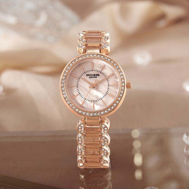 Buy Online Sonata Poze Quartz Analog Pink Dial Rose Gold Color Metal ...