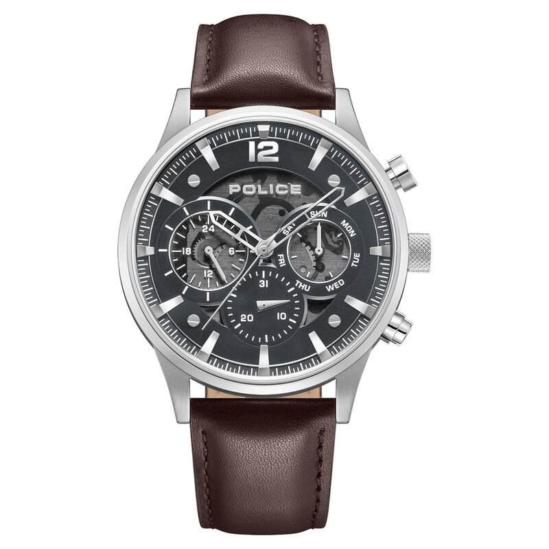 Buy Online Police Quartz Multifunction Grey Dial Brown Leather Strap ...
