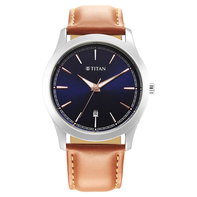 Buy Online Titan Quartz Analog Blue Dial Leather Strap Watch for Men ...