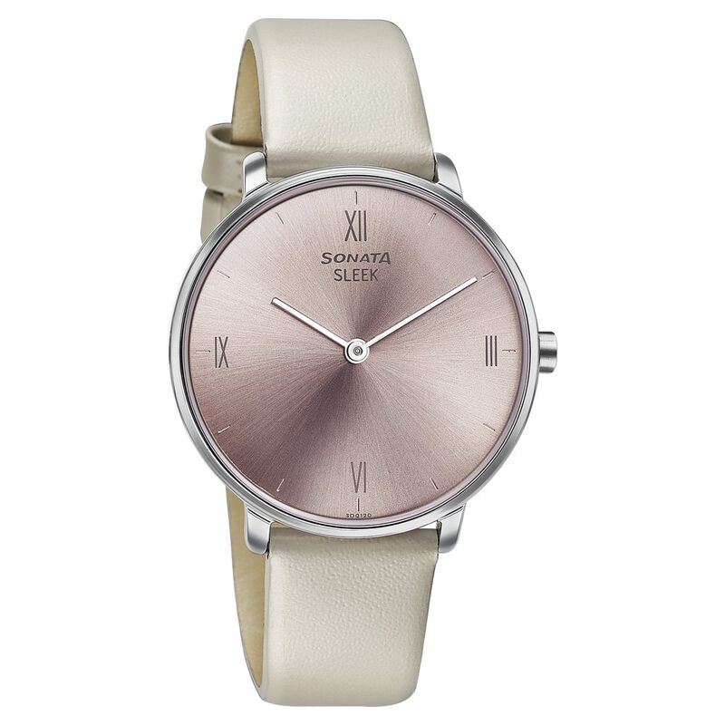 Buy Online Sonata Sleek Quartz Analog Pink Dial Beige Leather Strap ...