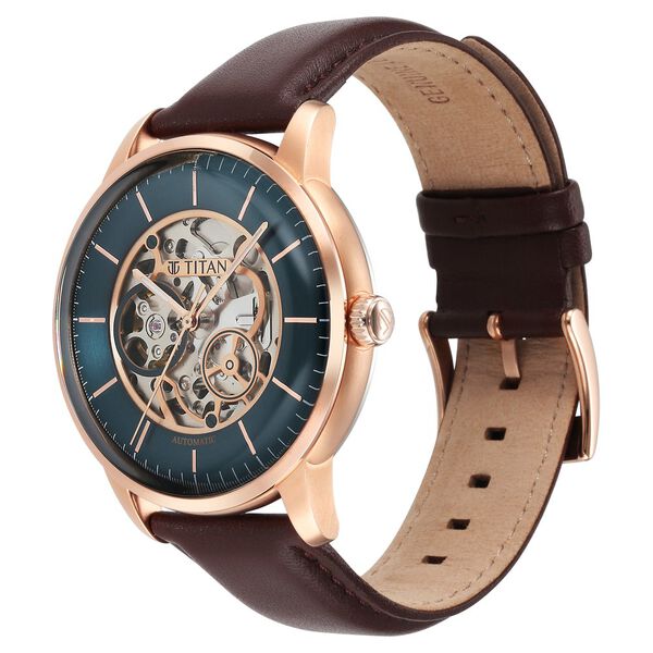 Buy Online Titan Skeletal Automatic Blue Dial Brown Leather Strap Watch ...