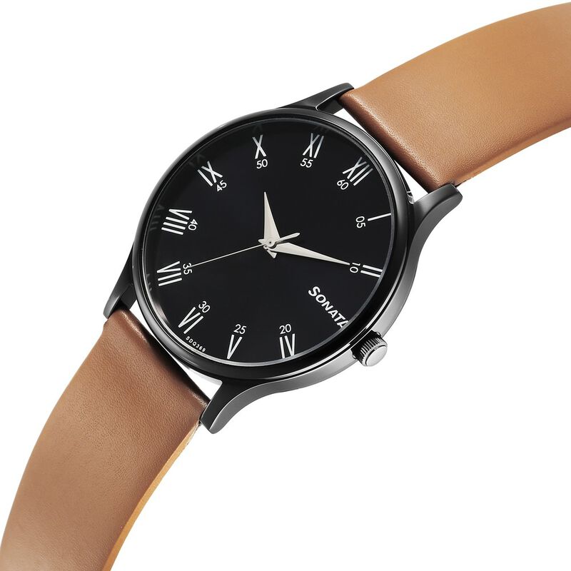 Buy Online Sonata Aspire Quartz Analog Black Dial Leather Strap Watch ...