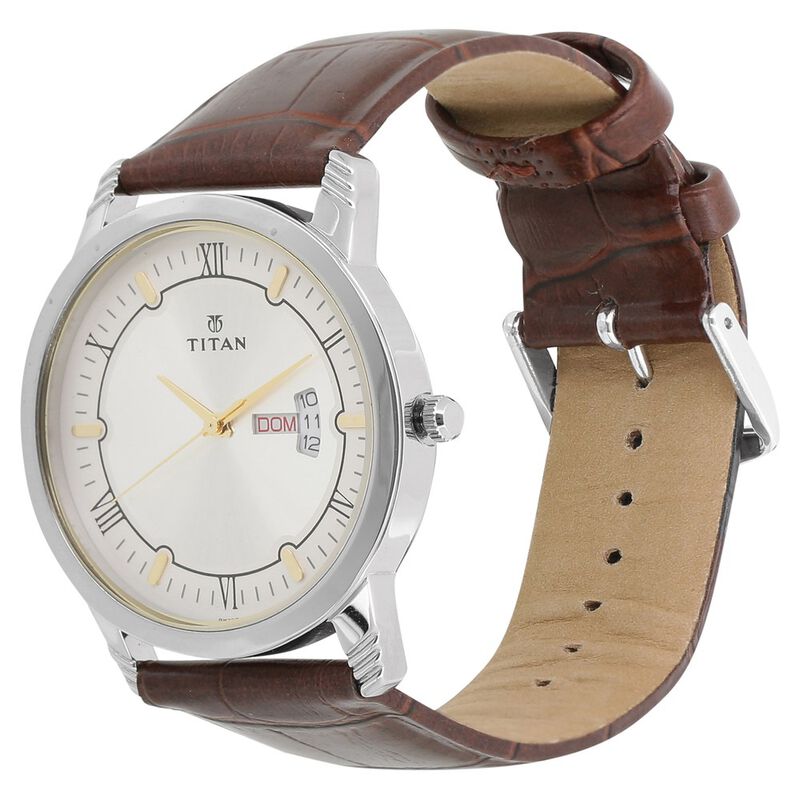 Buy Online Titan Quartz Analog with Day and Date Silver Dial Leather ...