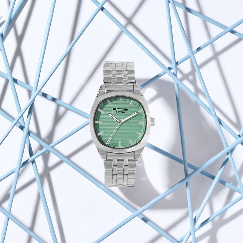 Buy Online Poze By Sonata Quartz Analog Green Dial Silver Metal Strap ...